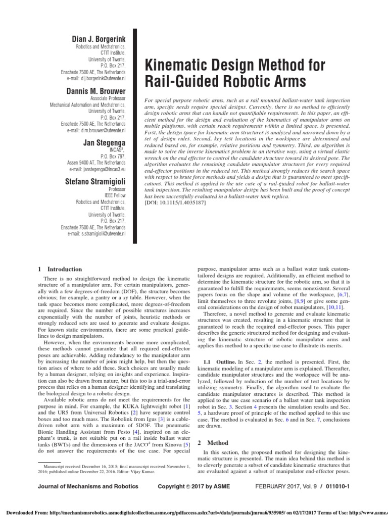 Kinematic Design Method For Rail-Guided Robotic Arms: Dian J. Borgerink | PDF | Robotics ...