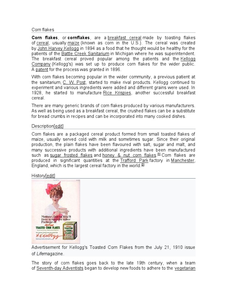 History and Creation of Corn Flakes | PDF | Food And Drink | Foods