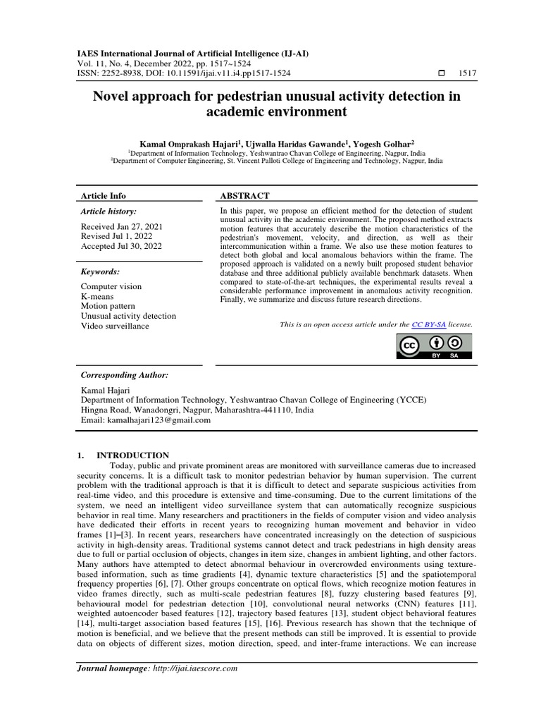 Novel Approach For Pedestrian Unusual Activity Detection in Academic ... Novel Approach For Pedestrian Unusual Activity Detection in Academic ...