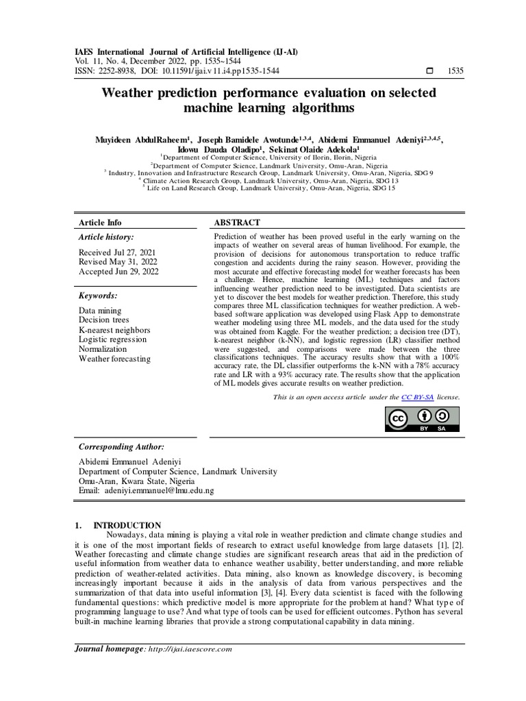Weather Prediction Performance Evaluation On Selected Machine Learning Algorithms Pdf