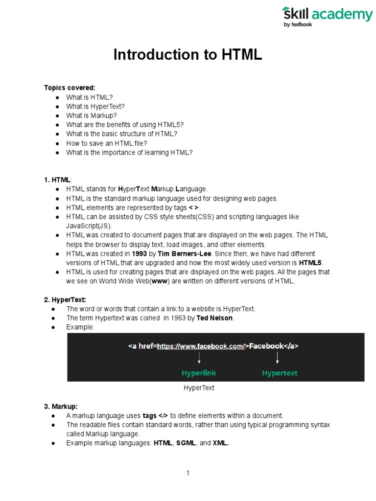 Introduction To HTML - Notes | PDF | Html | Html Element