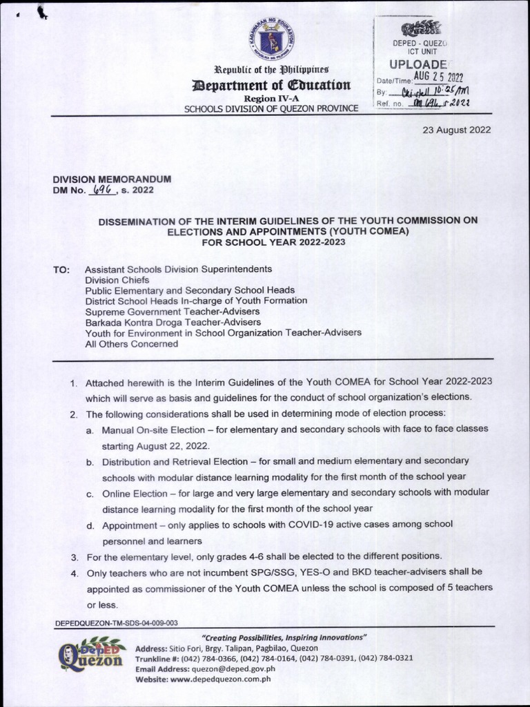 DM 696 S. 2022 INterim Guidelines of Youth COMEA 2022 2023 | PDF