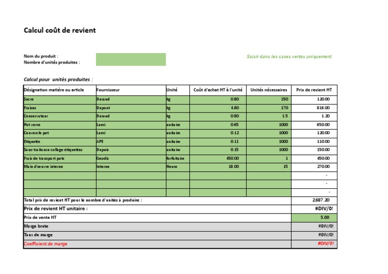Calcul Coût de Revient Excel Gratuit 1 | PDF | Business | Économie