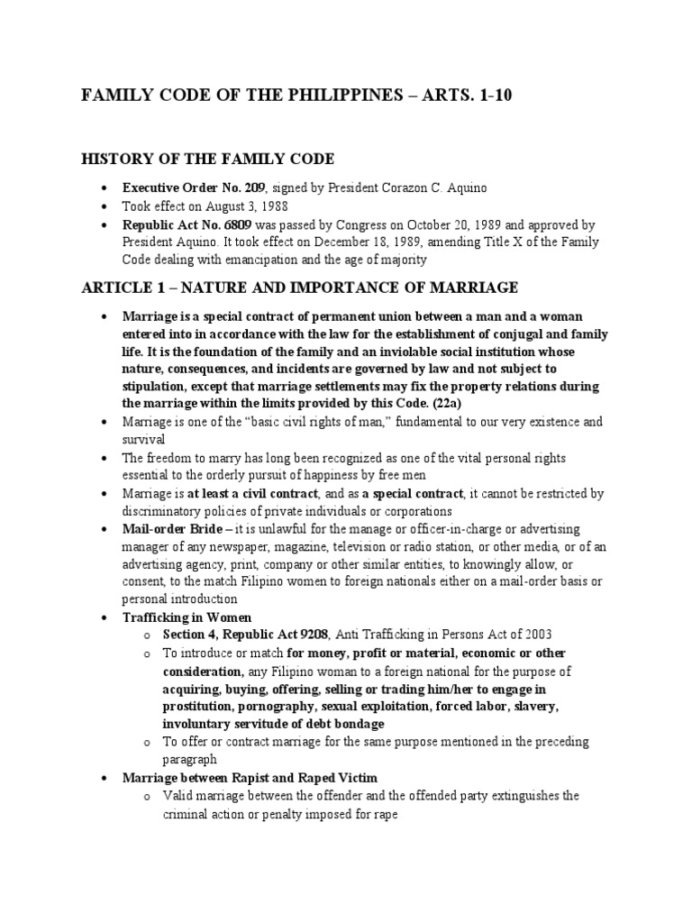 Persons and Family Relations - Family Code Arts 1-10 | PDF | Marriage ...
