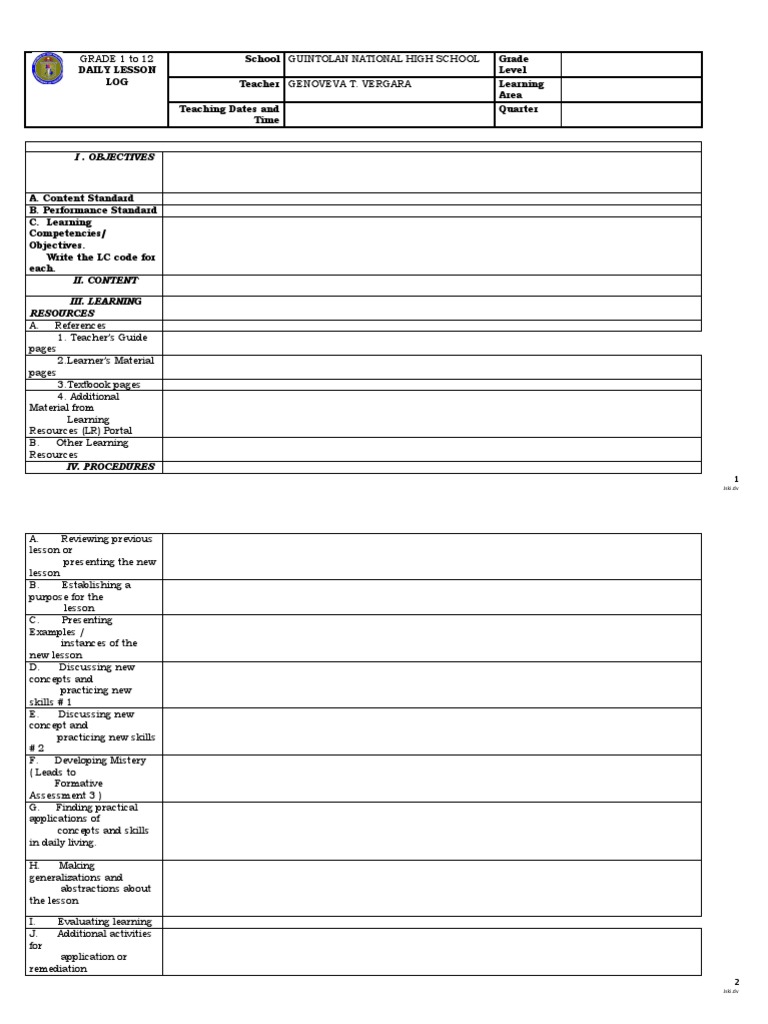 DLL BLANK FILE - Mon - Fri. (COT - TLE&ESP) | PDF