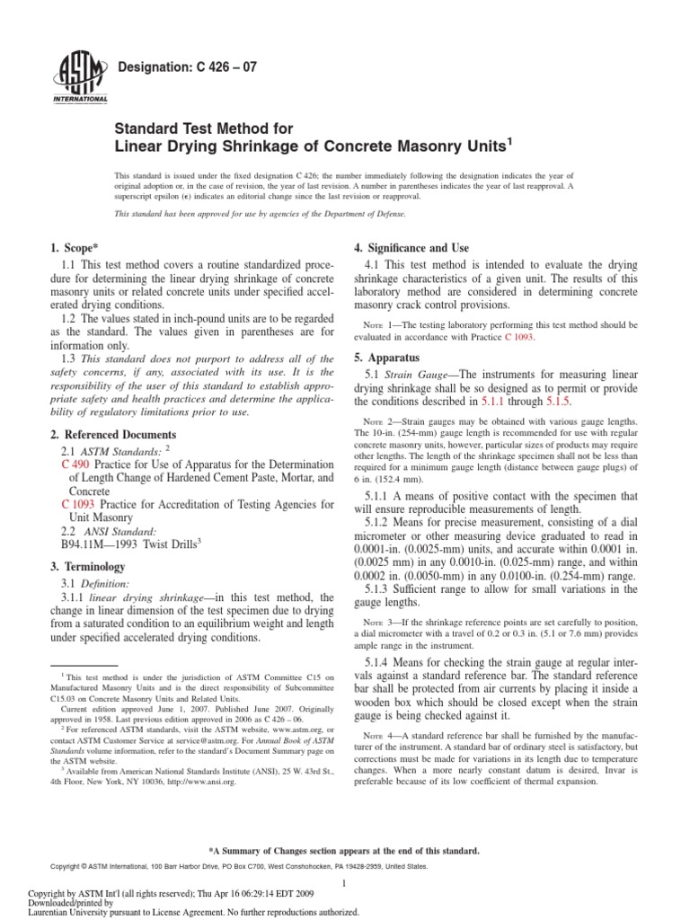 Linear Drying Shrinkage of Concrete Masonry Units: Standard Test Method ...