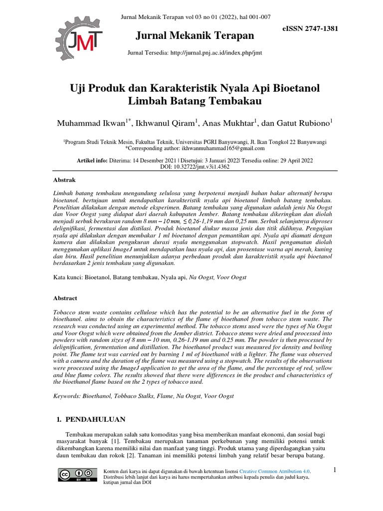 Uji Produk Dan Karakteristik Nyala Api Bioetanol Limbah Batang Tembakau ...