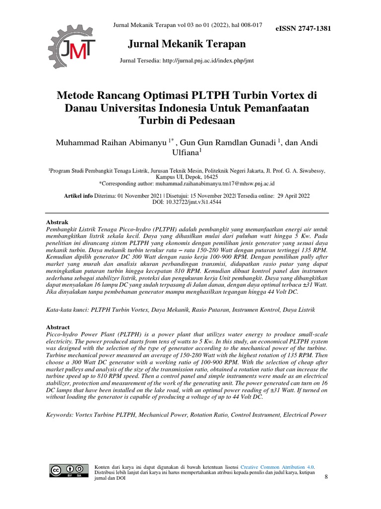 Metode Rancang Optimasi PLTPH Turbin Vortex Di Danau Universitas ...