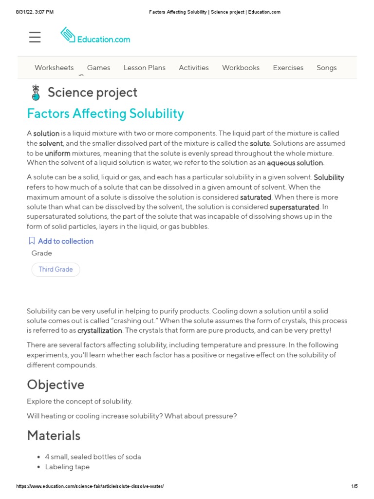 Factors Affecting Solubility _ Science project _ Education.com | PDF ...