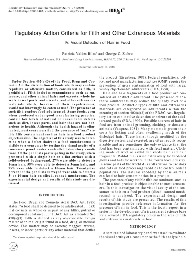 Regulatory Action Criteria For Filth and Other Extraneous Materials IV ...