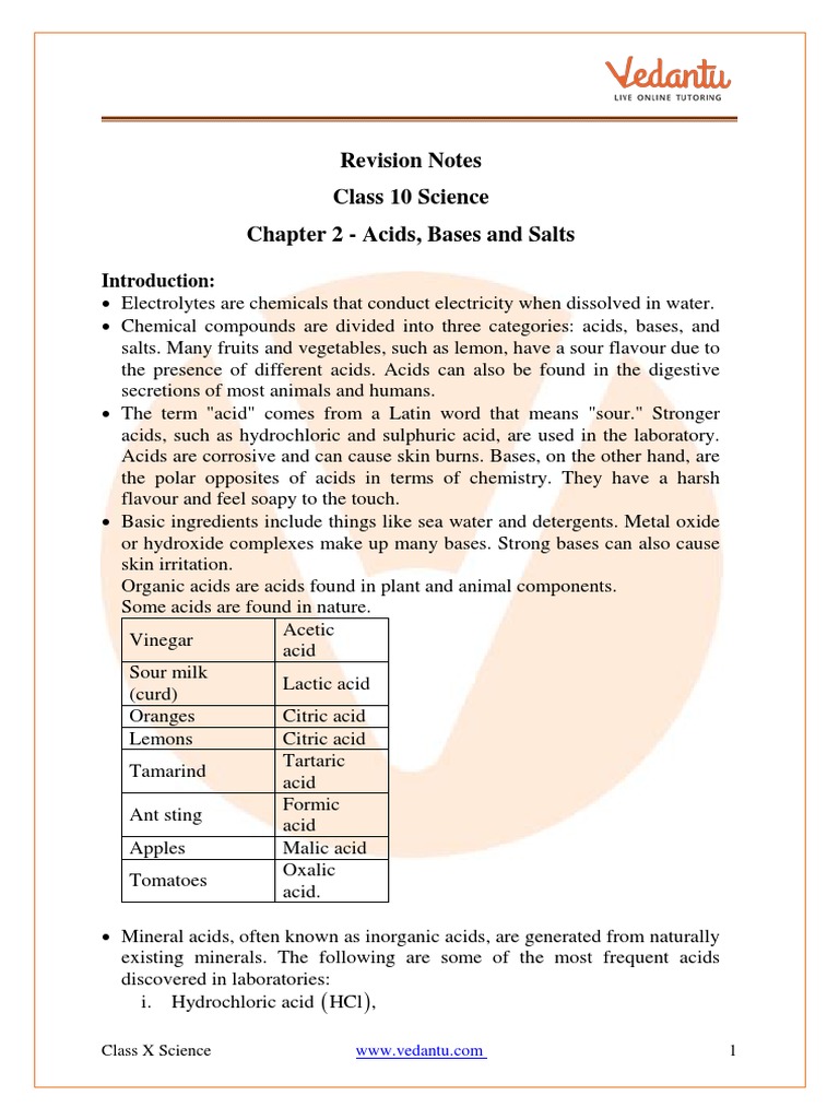 Class 10 Science Chapter 2 Revision Notes | PDF | Hydroxide | Sodium ...