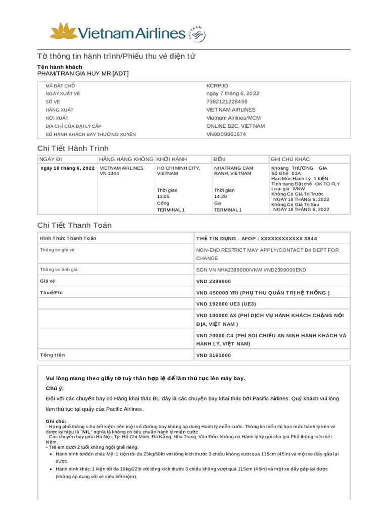 T ờ thông tin hành trình/Phiếu thu vé điện tử: Pham/Tran Gia Huy Mr (Adt) | PDF