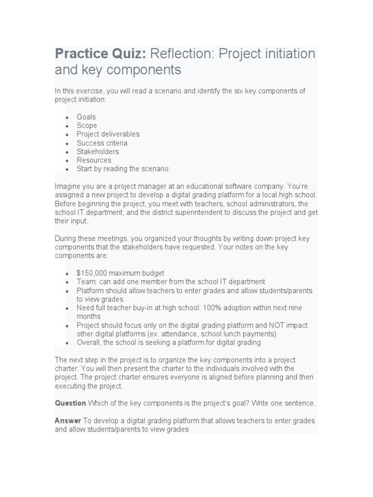 Practice Quiz Reflection Project Initiation and Key Components | PDF ...