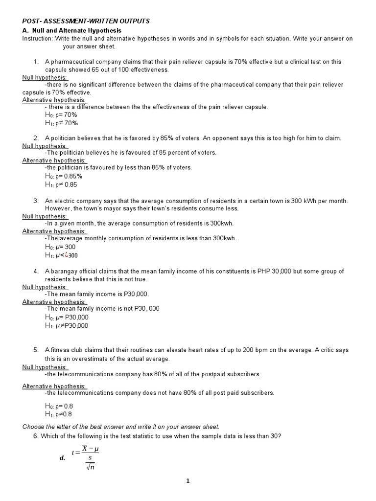 A. Null and Alternate Hypothesis: Post-Assessment-Written Outputs | PDF ...