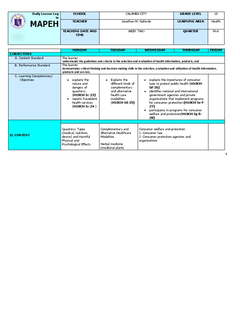 Grade 10 MAPEH Health DLL Week 2 | PDF | Alternative Medicine | Health ...