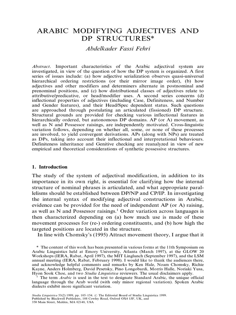 Abdelkader Fassi Fehri Arabic Modifying Adjectives And Dp Structures Pdf Adjective Syntax