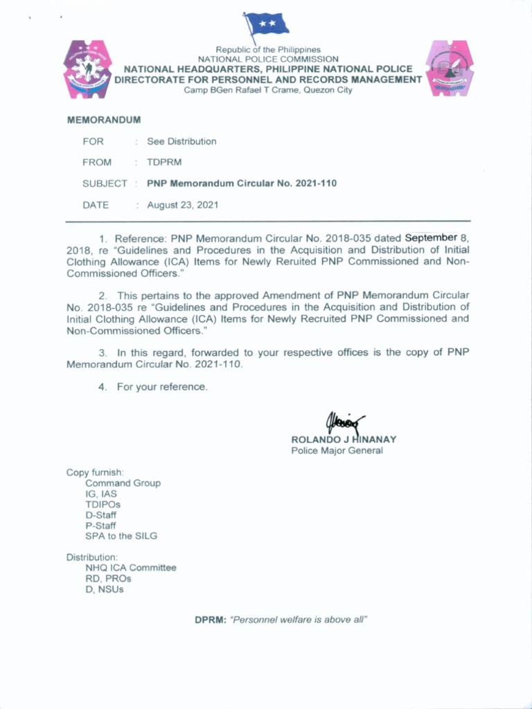 PNP Memorandum Circular No. 2021-110 Revised ICA Policy | PDF