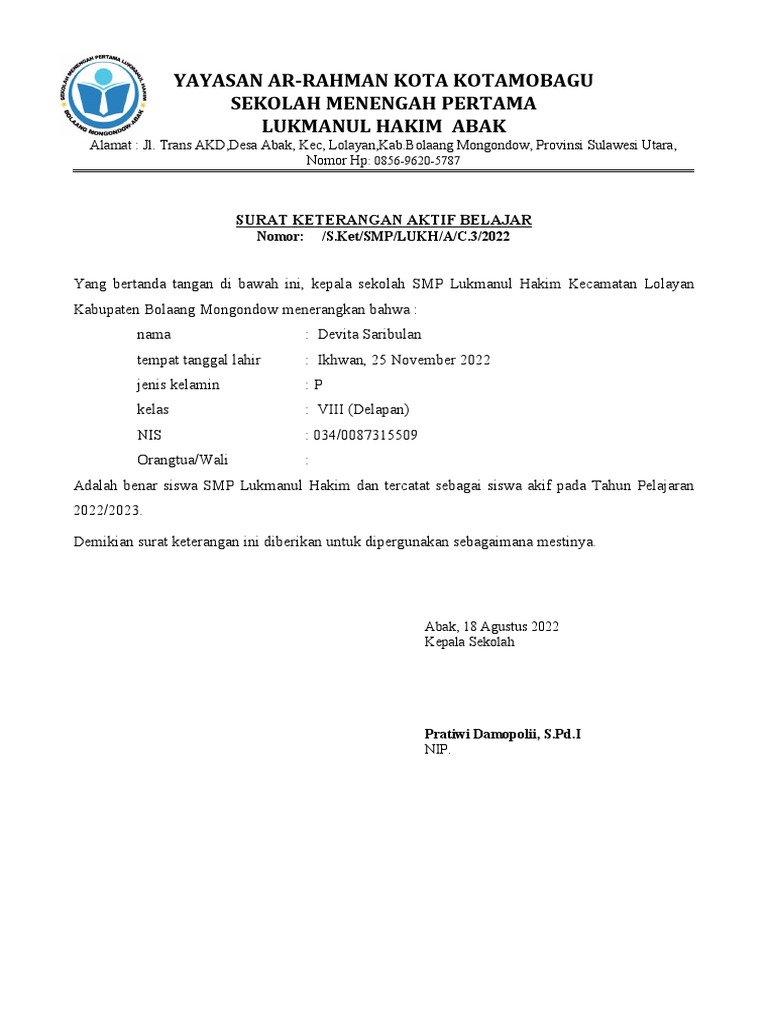 Surat Keterangan Aktif Sekolah | PDF
