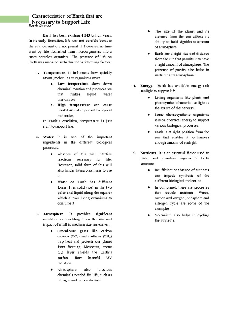 Characteristics of Earth That Are Necessary To Support Life | PDF ...