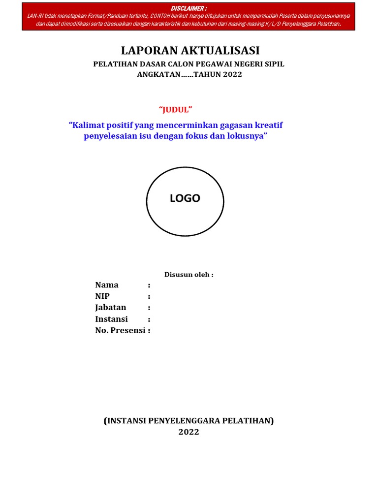 Contoh Format Laporan Aktualisasi Latsar CPNS 2022 | PDF