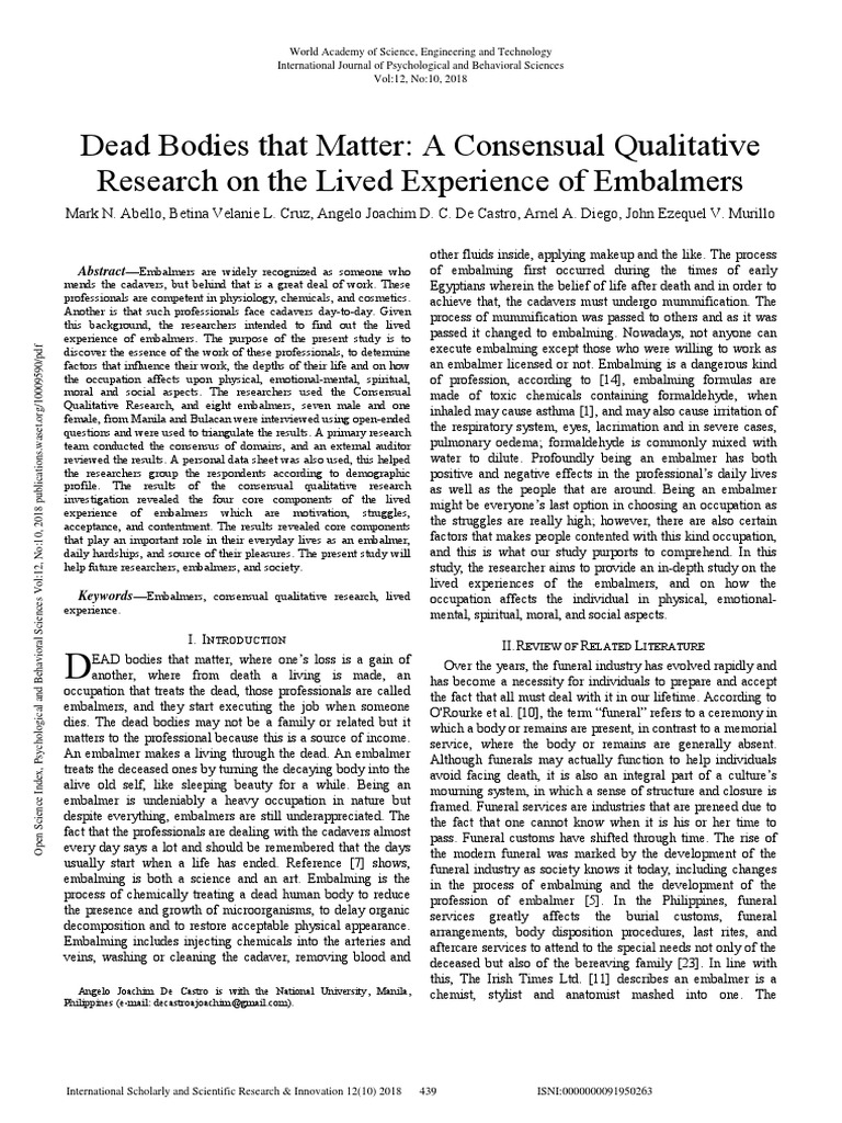 Dead Bodies That Matter A Consensual Qualitative Research On The Lived ...