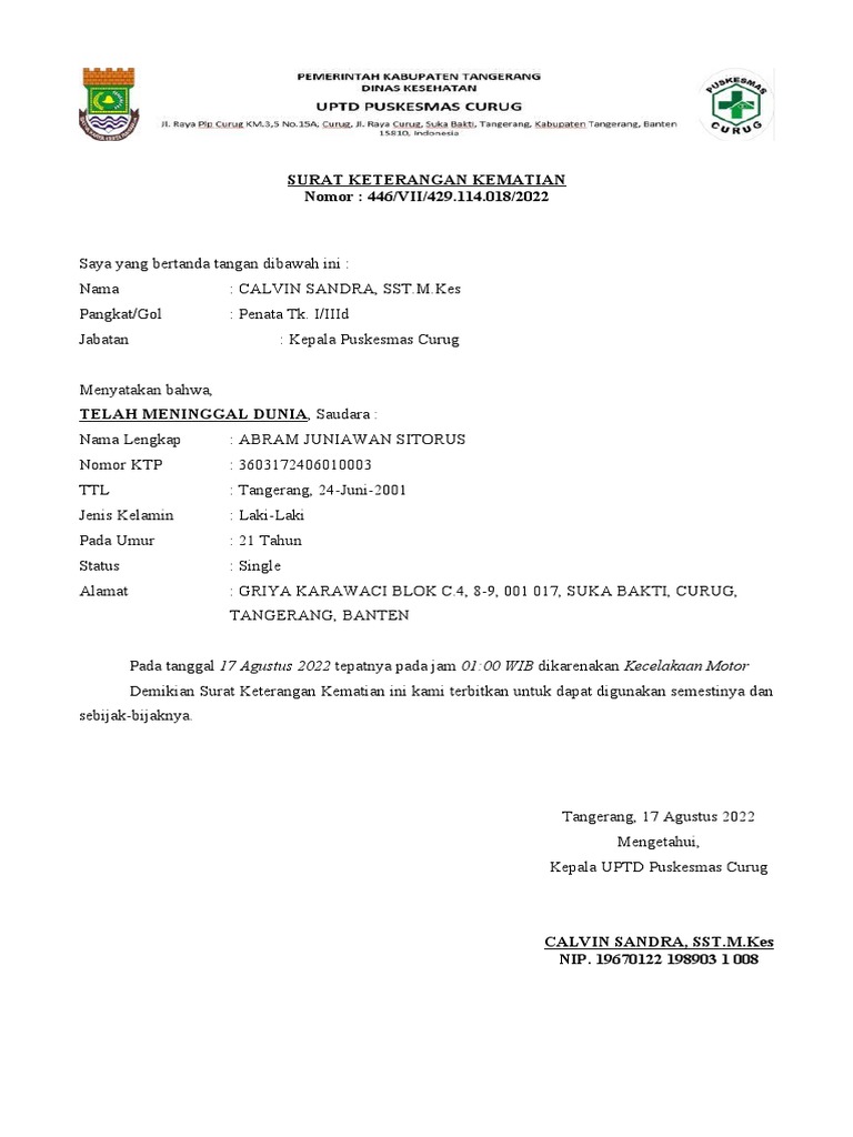 Contoh Surat Keterangan Kematian Rumah Sakit | PDF