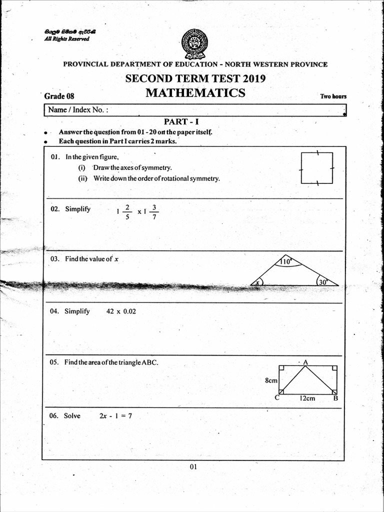 2019 Grade 08 Maths Second Term Paper With Answers English Medium North ...