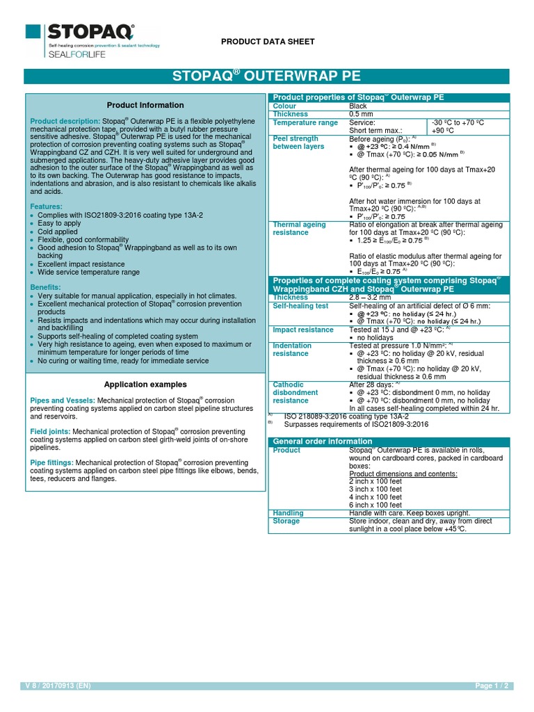 Stopac Outer Wrap PE PDS-Stopaq-Outerwrap-PE-V8-EN | PDF | Pipe (Fluid ...