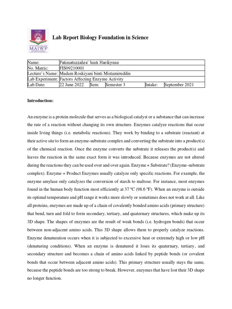 Enzyme Activity and Denaturation Study | PDF | Enzyme | Denaturation ...