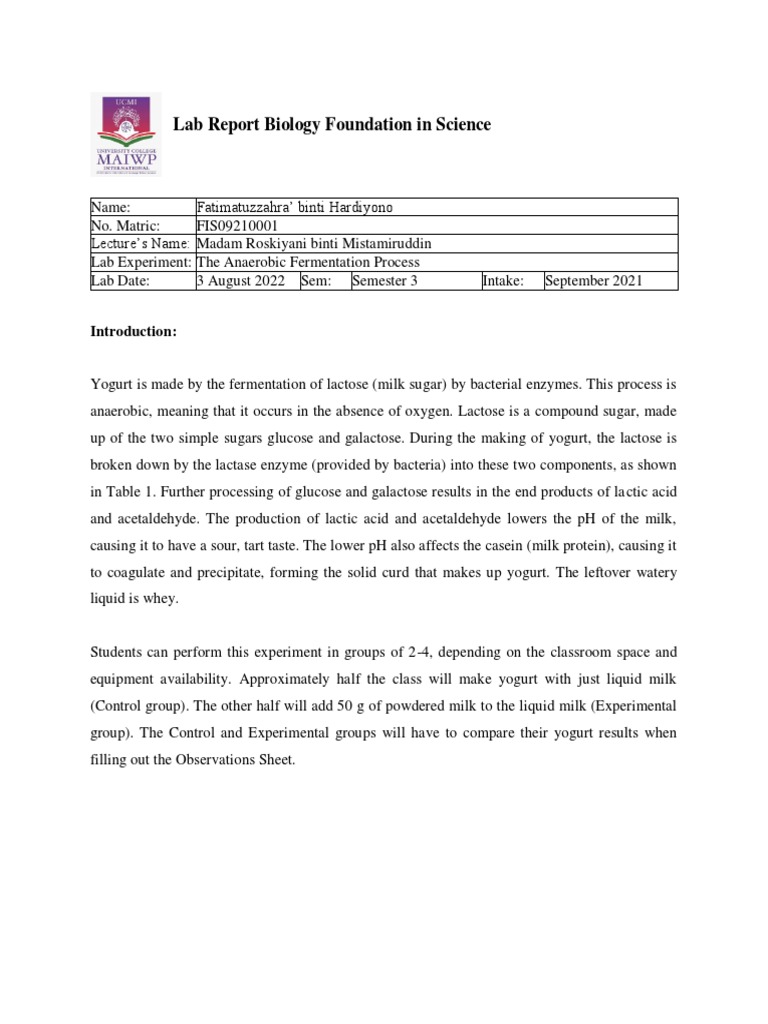 Experiment 4 - The Anaerobic Fermentation Process | PDF | Milk | Yogurt