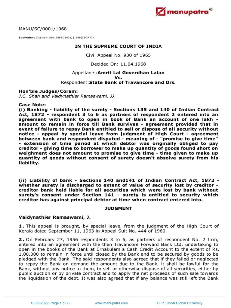 Amrit Lal vs. State Bank Liability Case | PDF | Guarantee | Surety