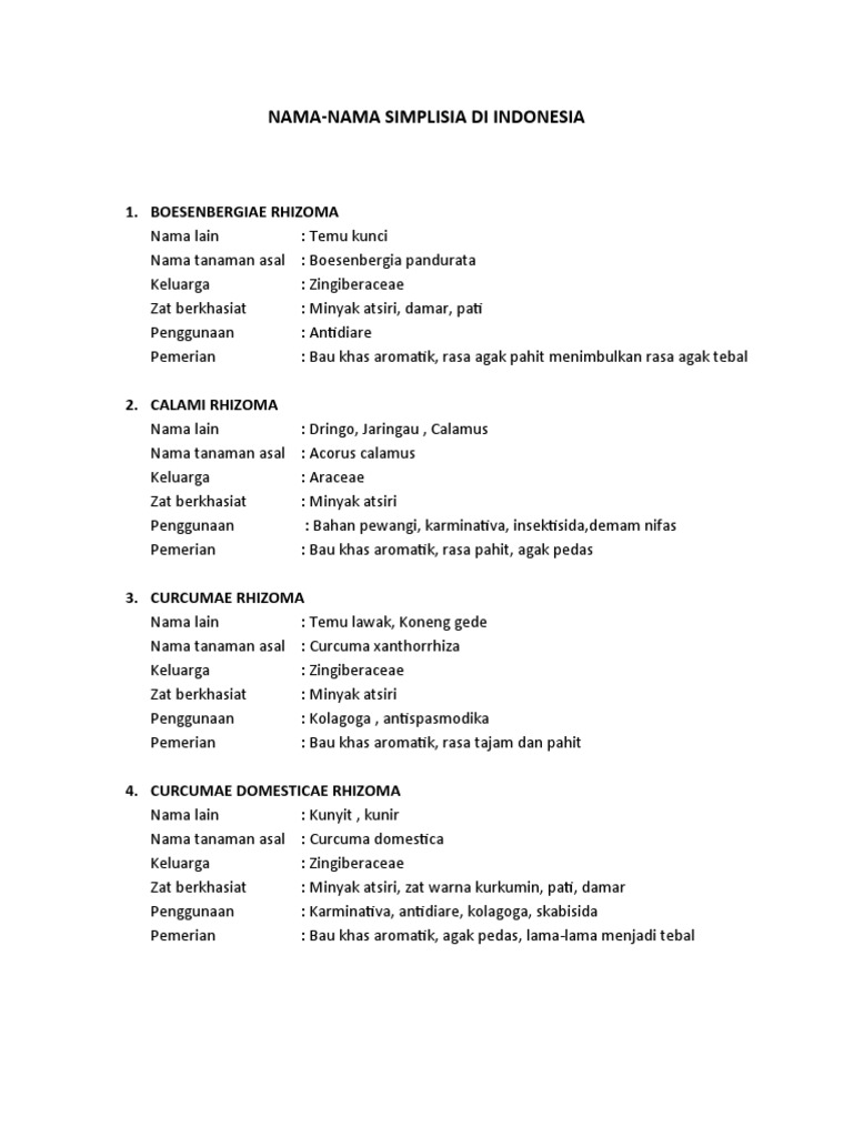 Nama Simplisia Tanaman Rhizoma | PDF