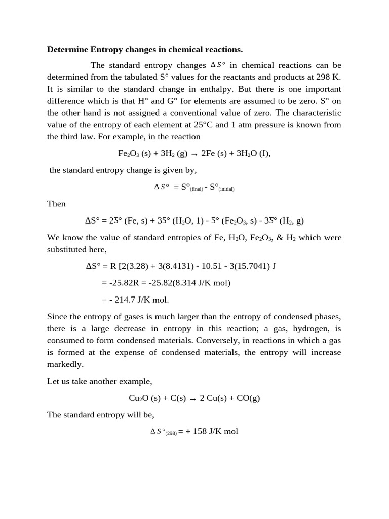 Entropy Changes in A Chemical Reaction | PDF | Chemical Reactions ...