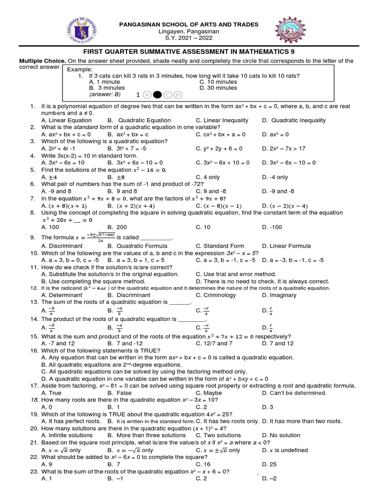MATH9 - Q1 - SUMMATIVE ASSESSMENT - For - Students | PDF | Quadratic ...