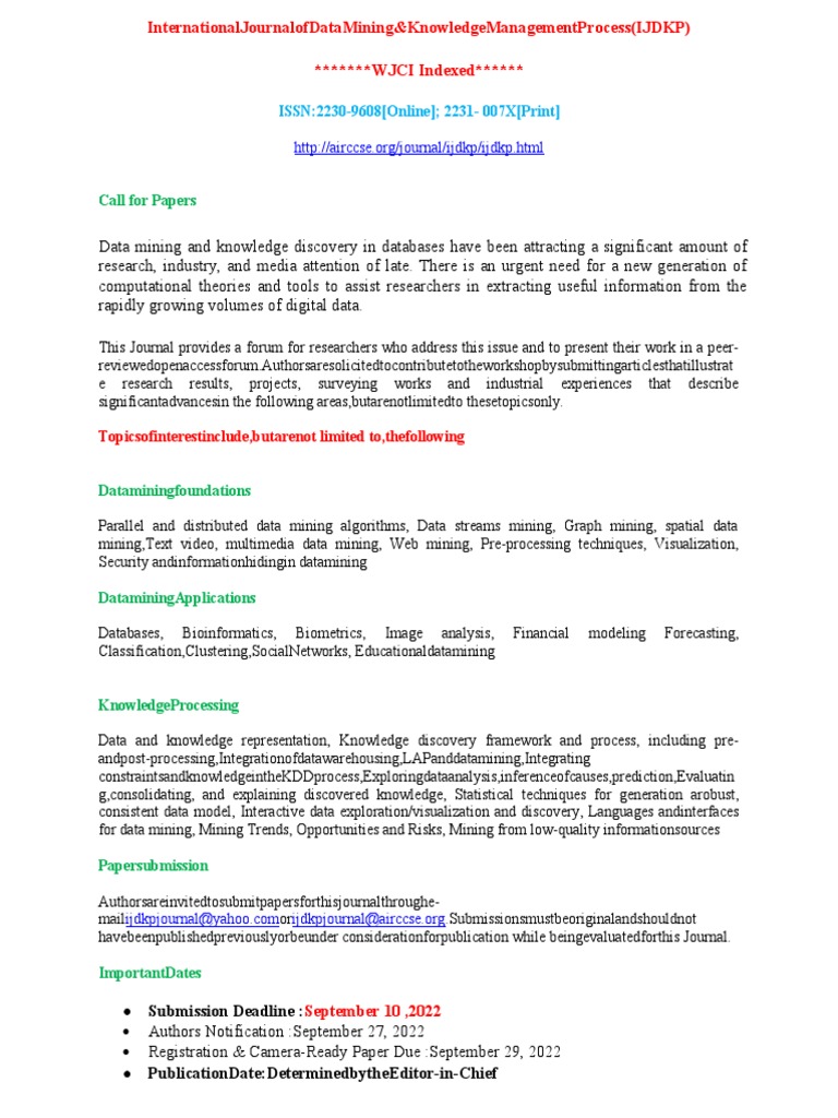 Call for Papers: Data Mining Journal | PDF | Data Mining | Data