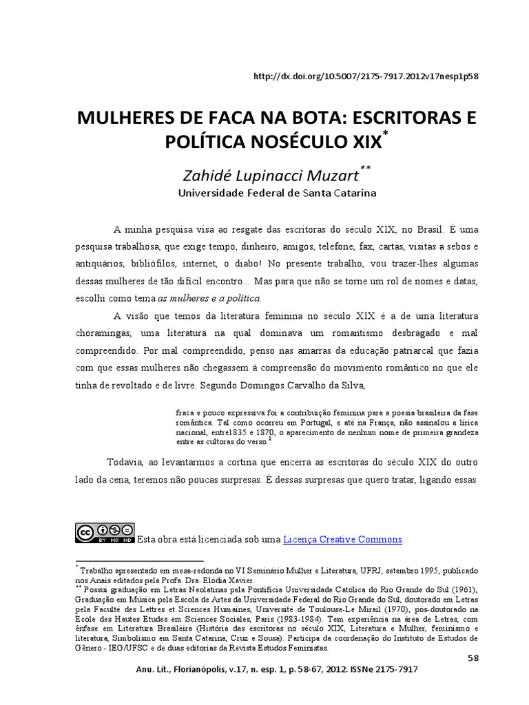 MUZART, Zahidé Lupinacci - Mulheres de Faca Na Bota - Escritoras e Política No Século XIX | PDF ...