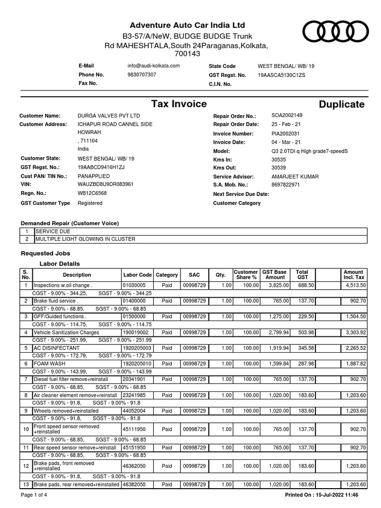 Tax Invoice Duplicate: Adventure Auto Car India LTD | PDF | Wheeled ...