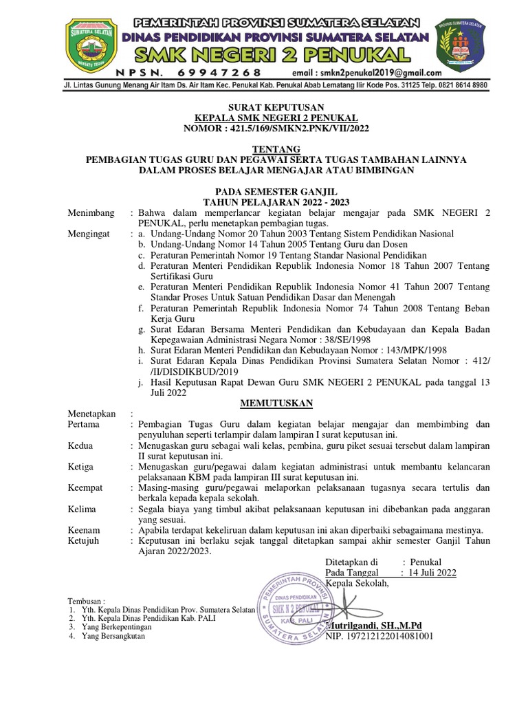SK Pembagian Tugas SMKN 2 PNK s.1 2022-2023 | PDF