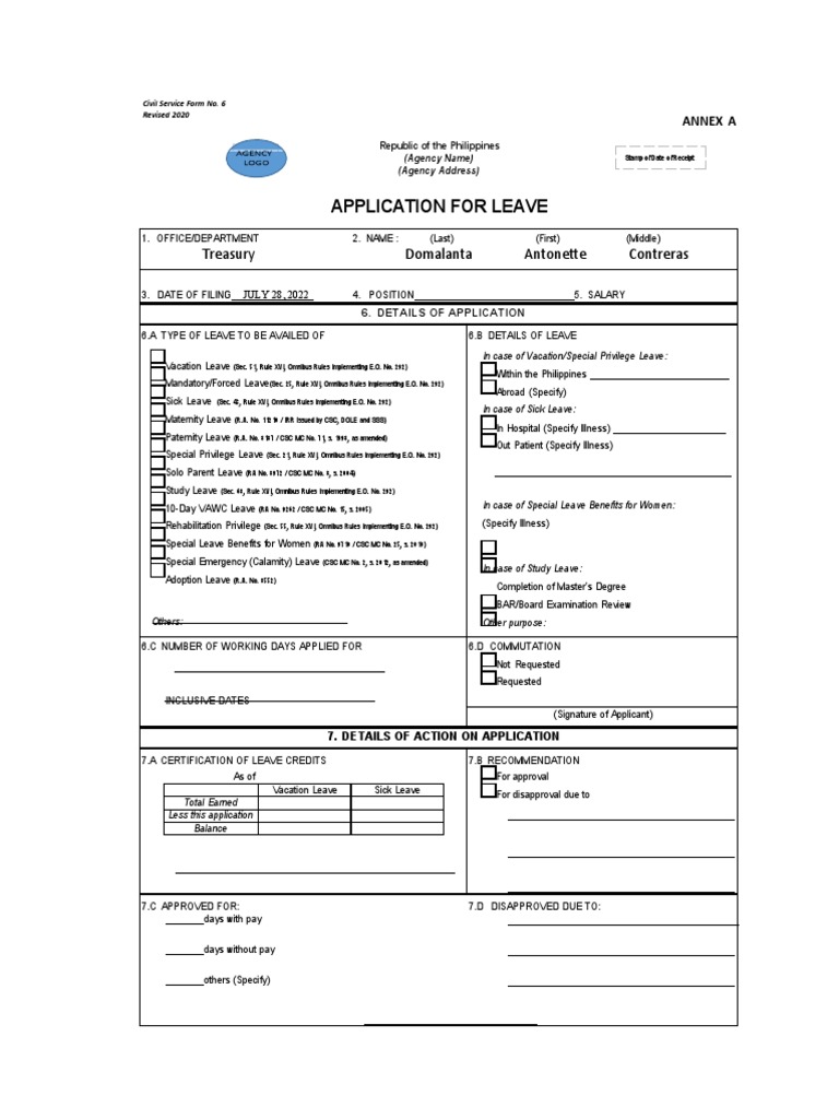 CS Form No. 6, Revised 2020 (Application For Leave) (Secured) | PDF ...