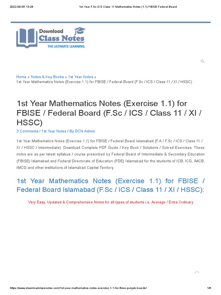 1st Year F.SC ICS Class 11 Mathematics Notes (1.1) FBISE Federal Board ...