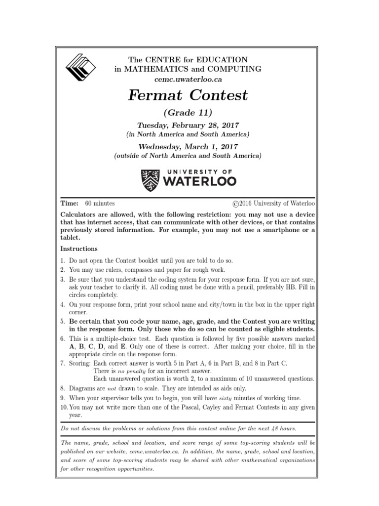 2017 Fermat Contest | PDF | Cartesian Coordinate System | Sphere