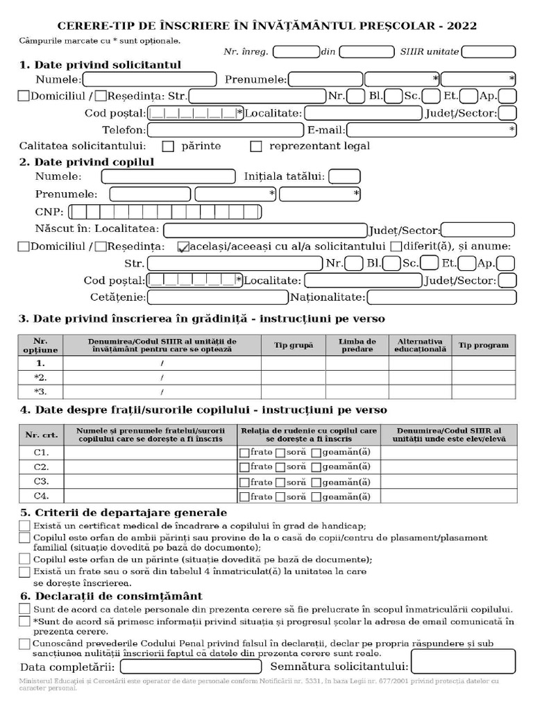 Cerere-tip-inscriere-invatamant-prescolar-2022-2023 | PDF