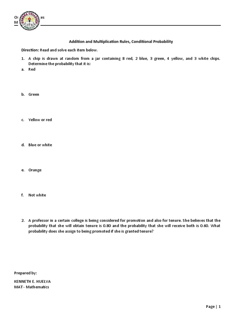 Addition and Multiplication Laws, Conditional Probability | PDF