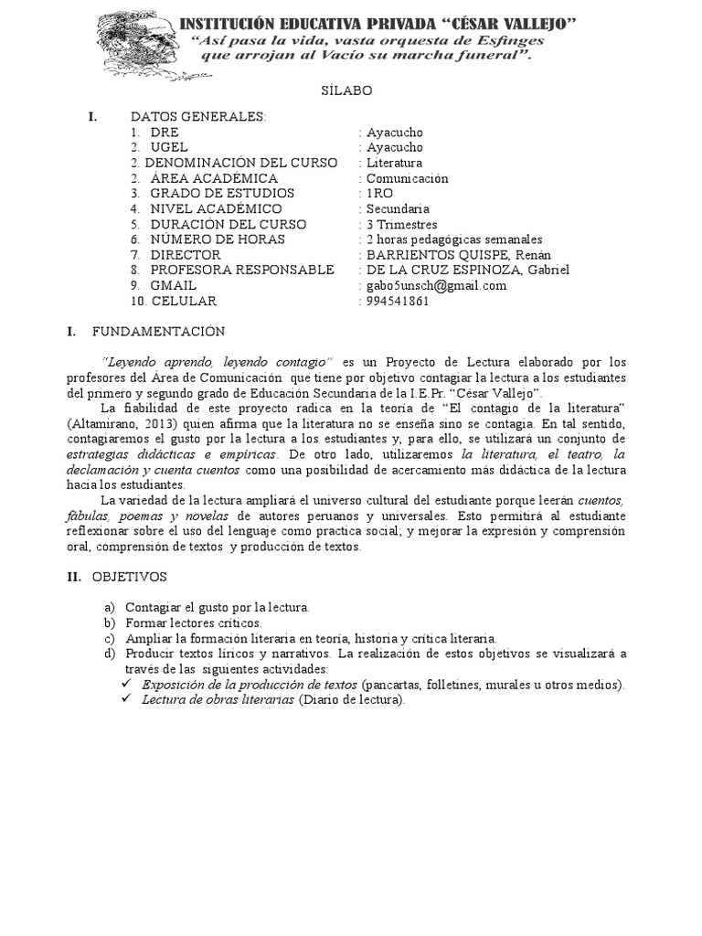 Plan Lector 1ro de Sec Cesar Vallejo | Descargar gratis PDF | Prueba (evaluación) | Escritura
