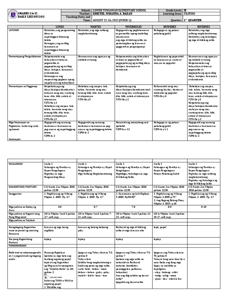 DLL - Filipino 2 - Q1 - W1 | PDF