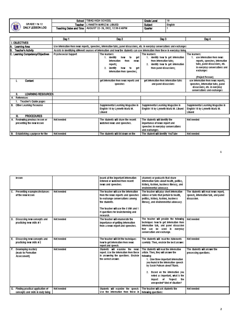 Daily-Lesson-Log - F2F - Q1 - First Week | PDF | Learning | Teachers
