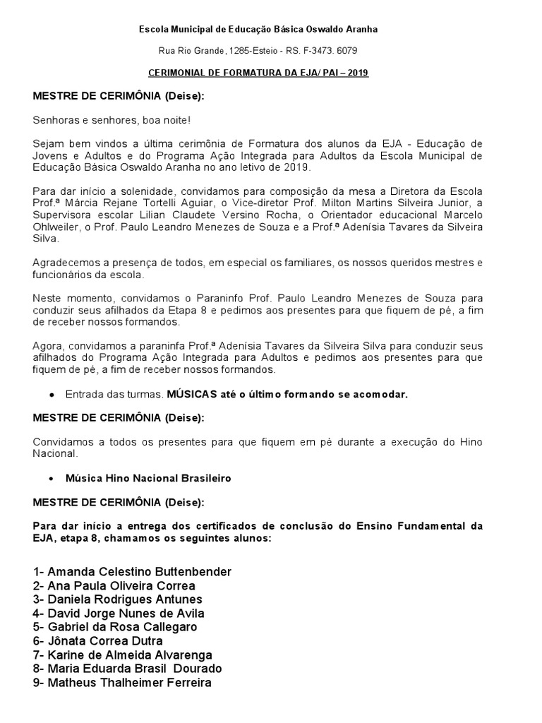 Cerimonial Da Formatura EJA 2019 2 | PDF | Bem-estar
