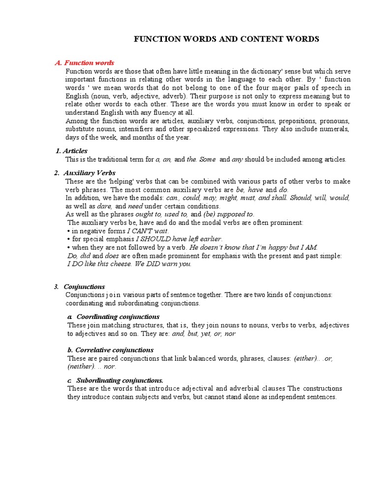 Function and Content Words (Theory, Exercises) | Download Free PDF | Verb | Adjective