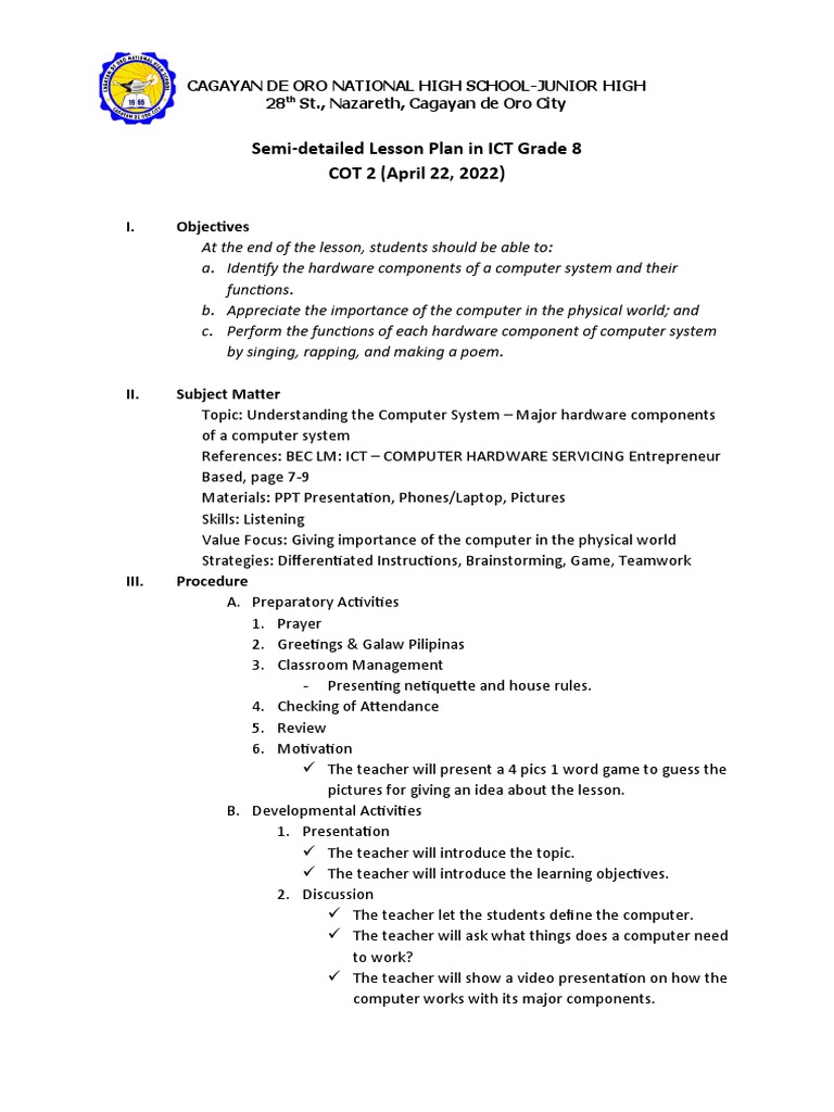 COT Lesson Plan | PDF | Computer Data Storage | Computer Hardware