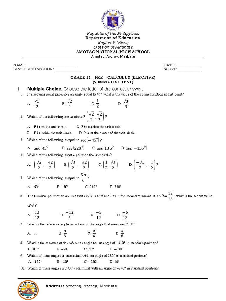 Summative Pre-Calc. | PDF | Angle | Elementary Mathematics
